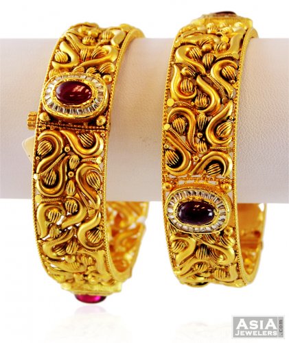 22K Gold Antique Kadas (Pair) - AsBa59229 - 22K Gold Designer Kada ...