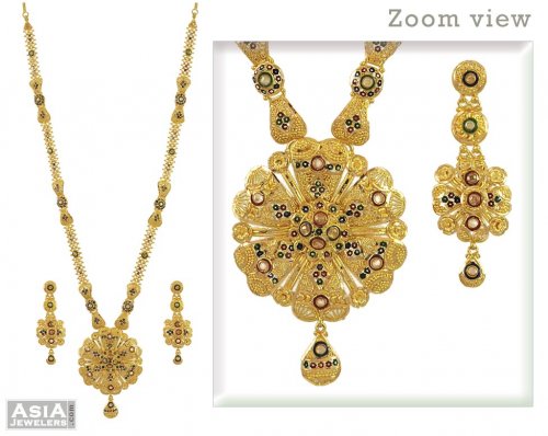22k Designer Long Haar - AjNs53546 - 22k gold designer patta necklace & earring set with ...