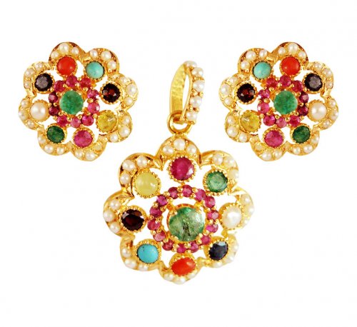 22k Gold Precious Stone Pendant Set - AjPs63239 - 22K Gold Precious ...